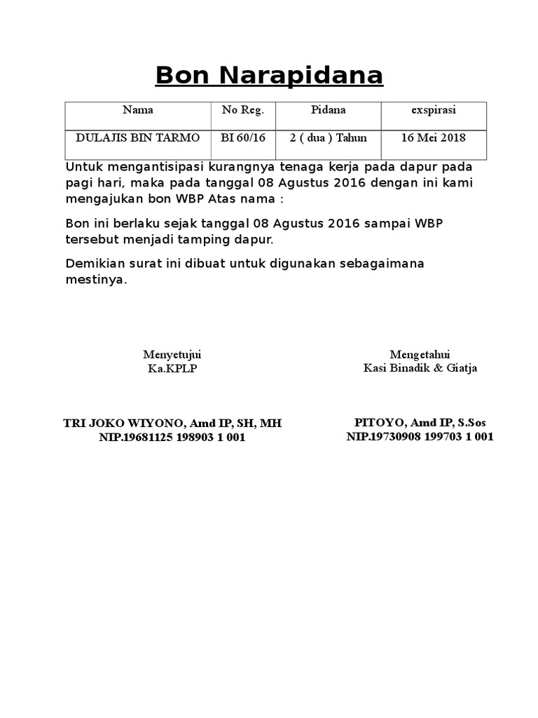 Bon Narapidana untuk Tamping Dapur | PDF