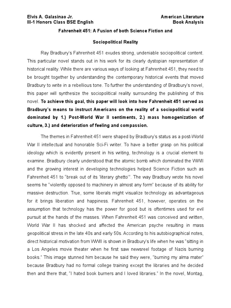 Fahrenheit 451 Book Analysis Sample | PDF | Ray Bradbury | Science Fiction
