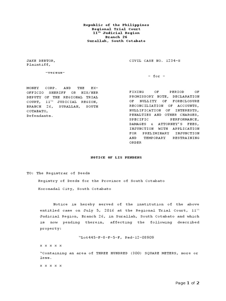 Sample Notice of Lis Pendens