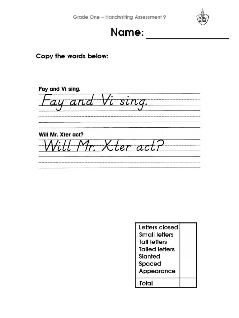 Grade One Handwriting Assessment 9 | PDF