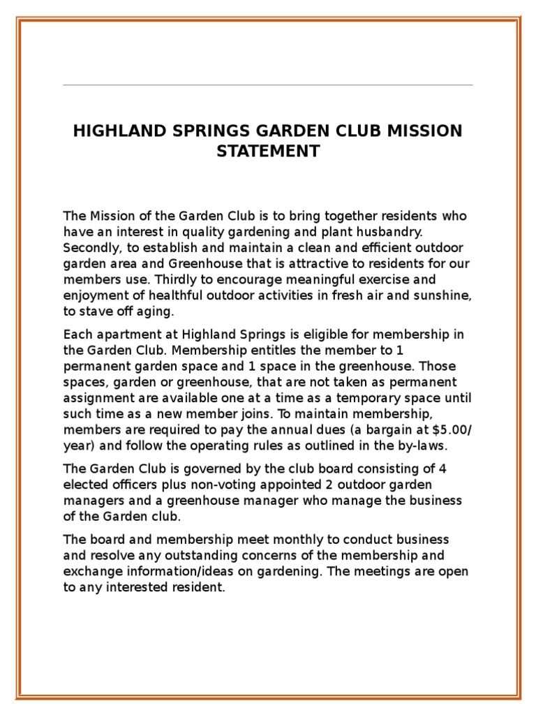 Highland Springs Garden Club Mission Statement | PDF