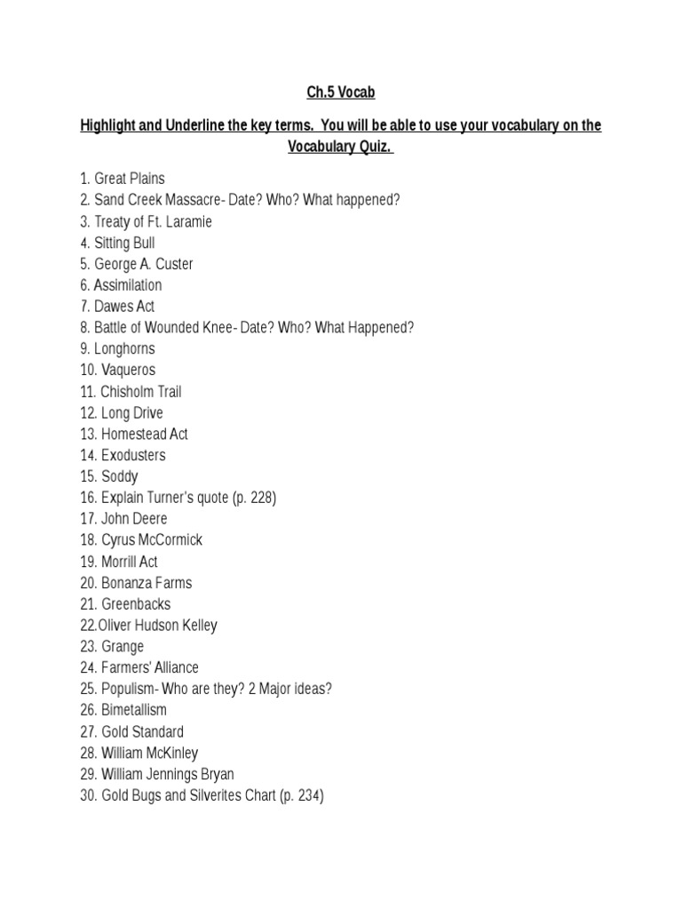 Ch.5 Vocab Highlight and Underline The Key Terms. You Will Be Able To ...