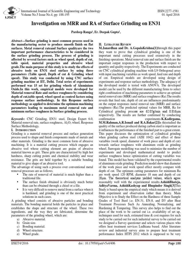 EN31 Surface Grinding: MRR & RA Study | PDF | Grinding (Abrasive ...