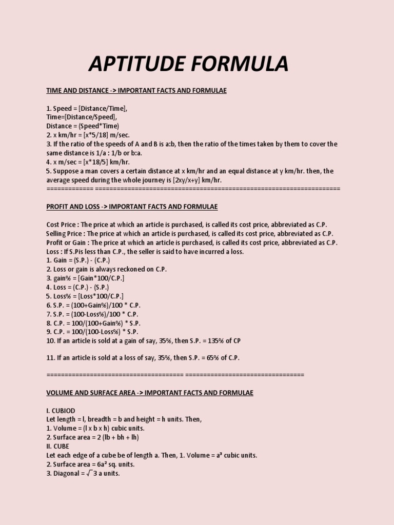 Aptitude Formula: Time and Distance Important Facts and Formulae | PDF ...