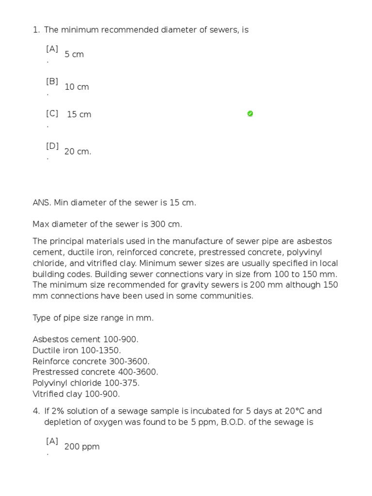 Optimal Sewer Pipe Sizes and Gradients for Self-Cleansing | PDF ...
