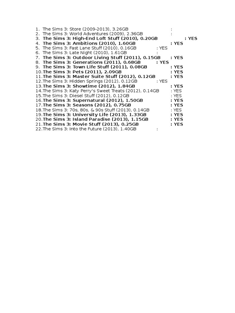 The Sims 3 Expansion and Stuff Packs List | PDF