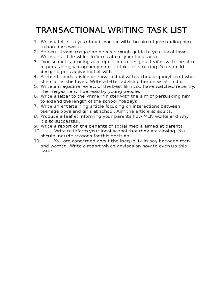 Transactional Writing Task List | PDF