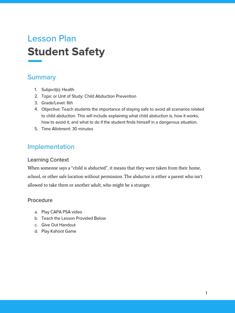 Student Safety: Lesson Plan | PDF