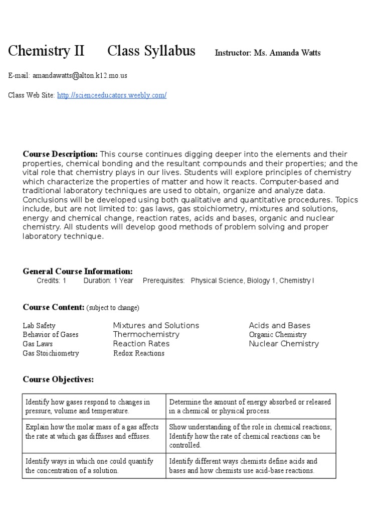 Watts Chemistry II Syllabus | PDF | Gases | Chemical Reactions