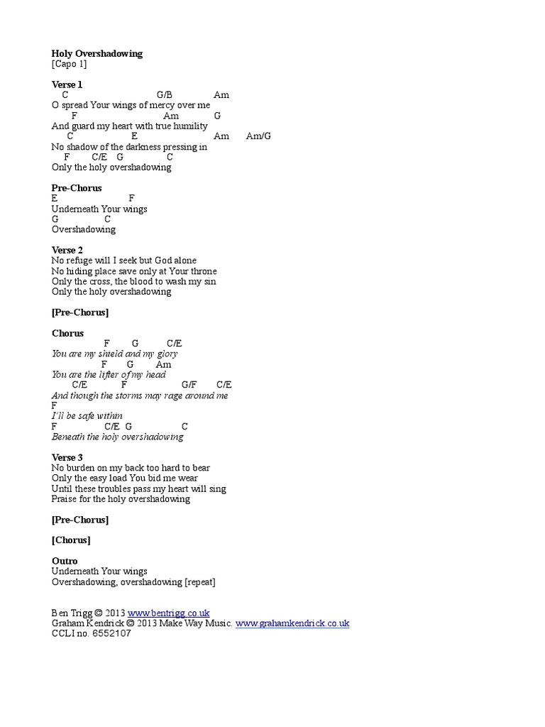 Holy Overshadowing - Ben Trigg and Graham Kendrick - Chord Sheet (C) | PDF