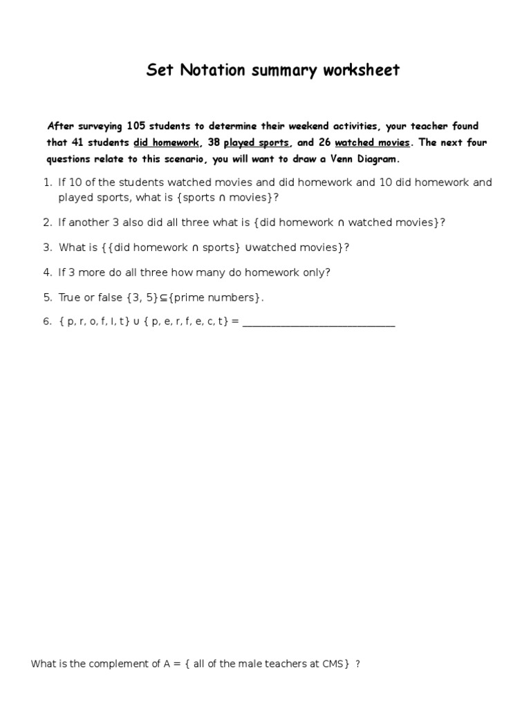 Set Notation Final Worksheet | PDF
