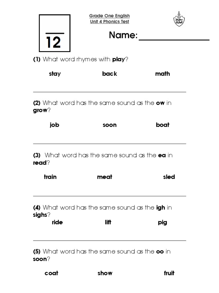 Grade One English Unit 4 Phonics Test | PDF