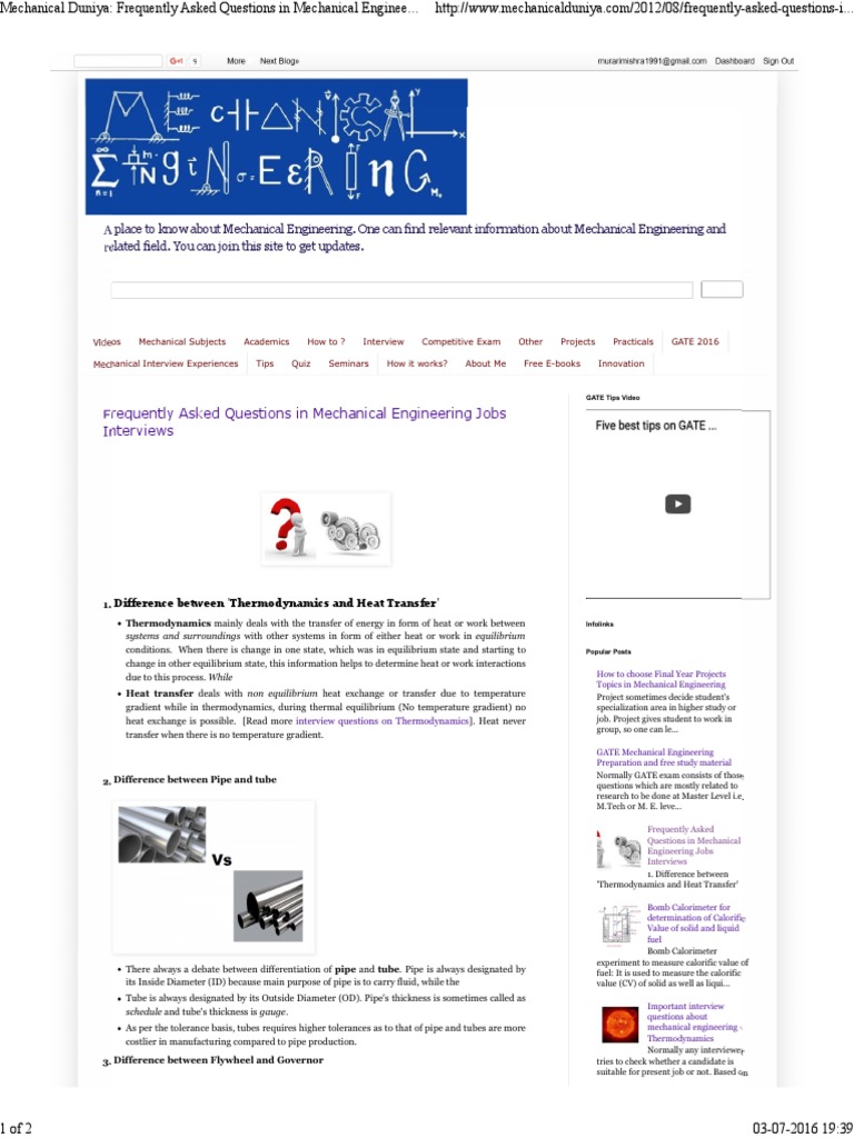 Frequently Asked Questions in Mechanical Engineering Jobs Interviews | PDF | Thermodynamic ...