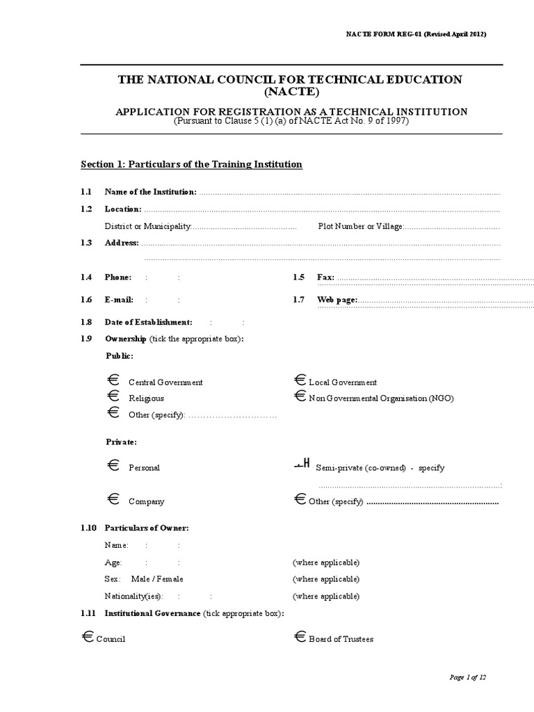 Application Form For Registration of Technical Institution | PDF ...