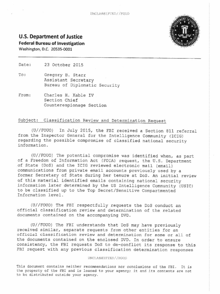 FBI and State Letters Clinton Top Secret Emails