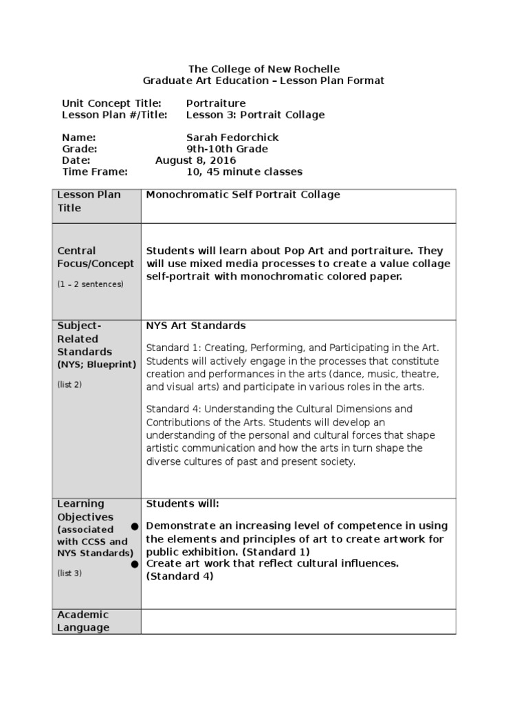 Monochromatic Collage Self Portrait Lesson Plan | PDF | The Arts ...