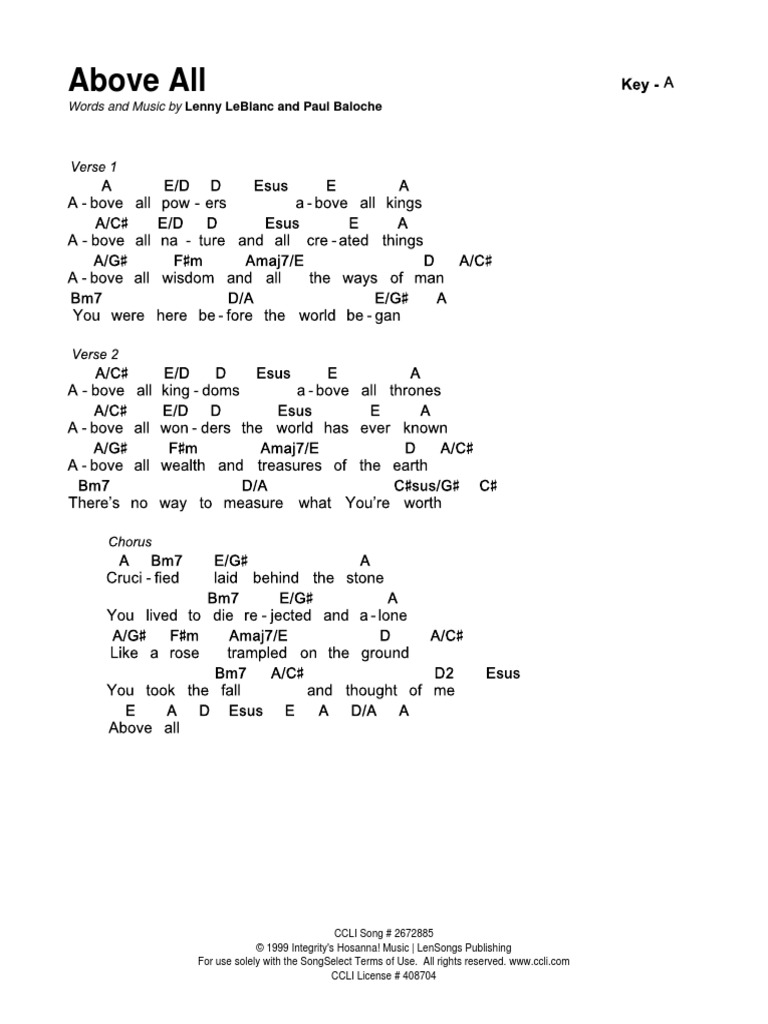 Above All - SongSelect Chart in A | PDF
