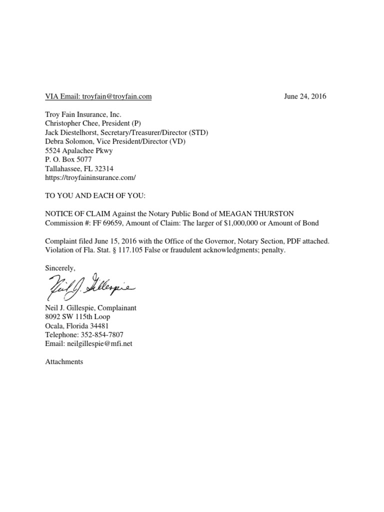 Notice of Claim-Troy Fain-Notary Public Bond MEAGAN THURSTON | PDF ...