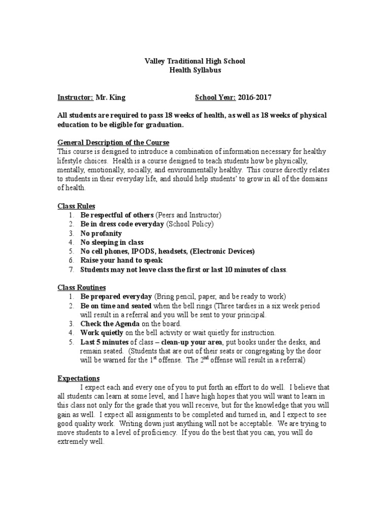 Health Syllabus | PDF | Homework | Quality Of Life