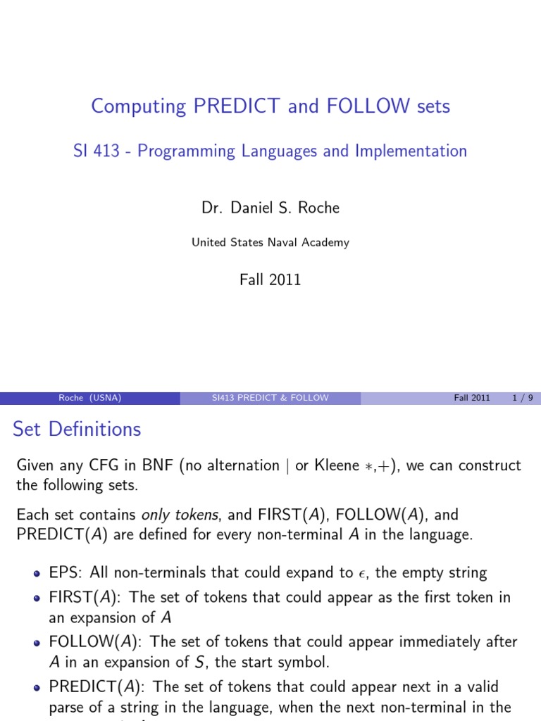 Computing PREDICT and FOLLOW Sets: SI 413 - Programming Languages and Implementation | PDF ...