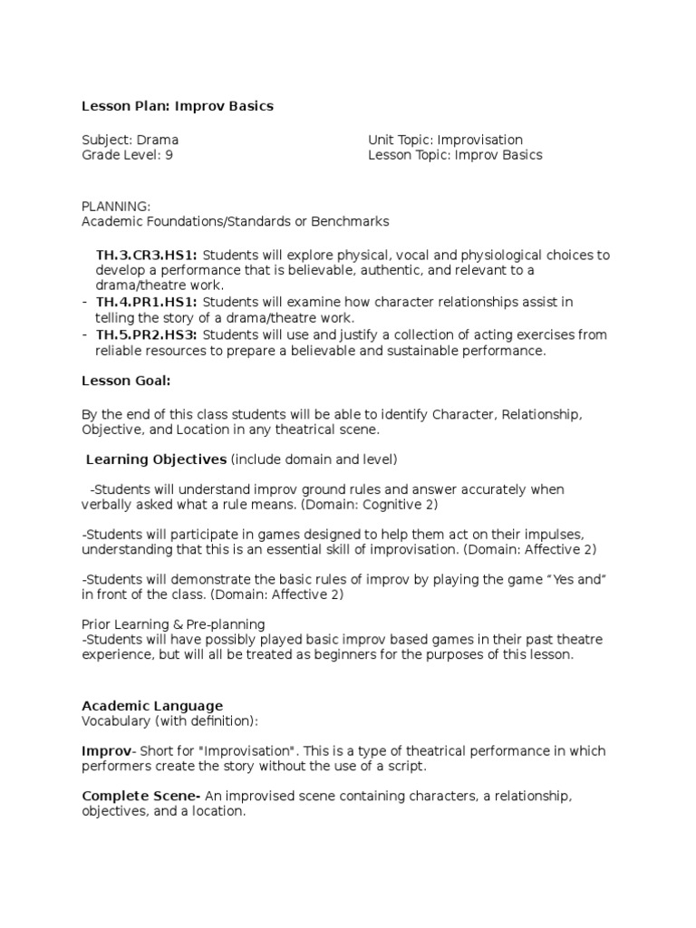 Improv Lesson Plan | PDF | Improvisational Theatre | Improvisation