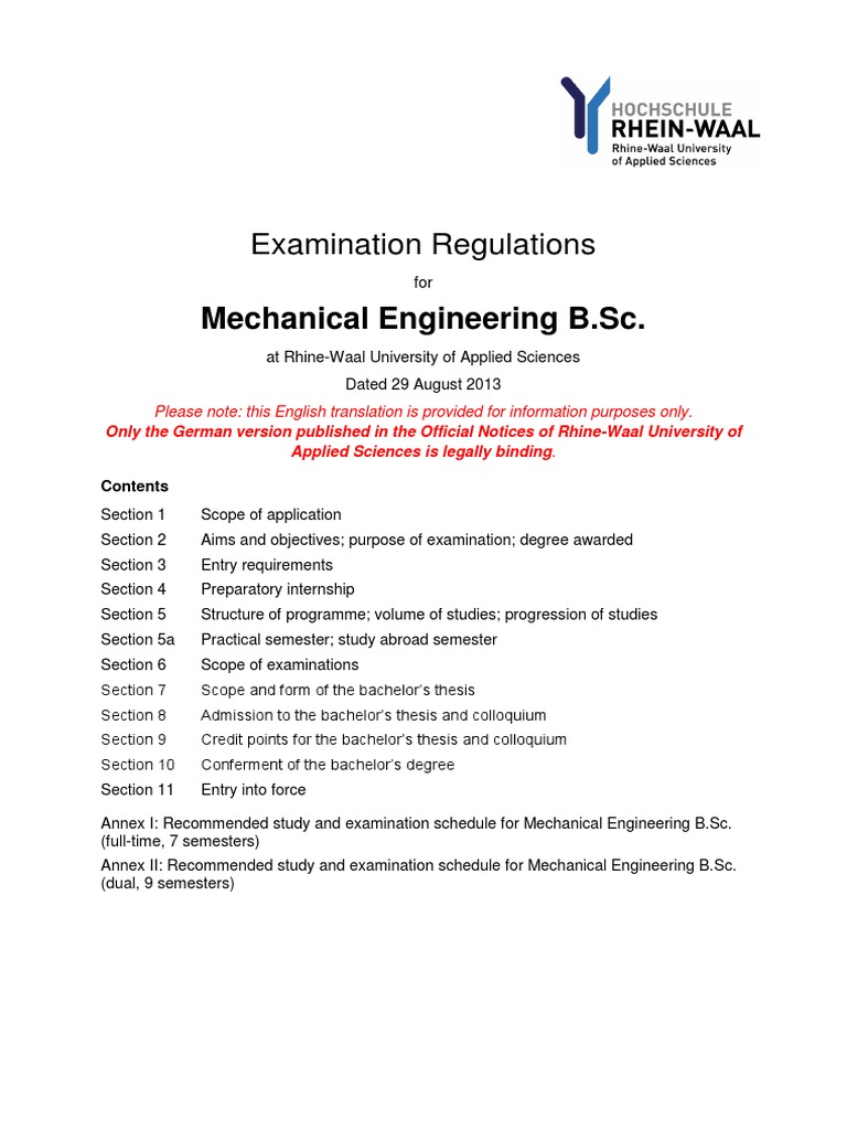 Examination Regulations Mechanical Engineering BSC | PDF | Bachelor's ...