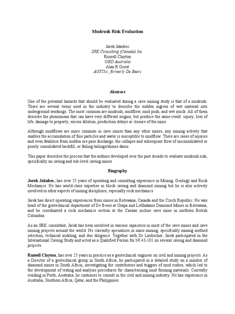 Evaluating Mudrush Risks in Caving Mines | PDF | Mining | Science