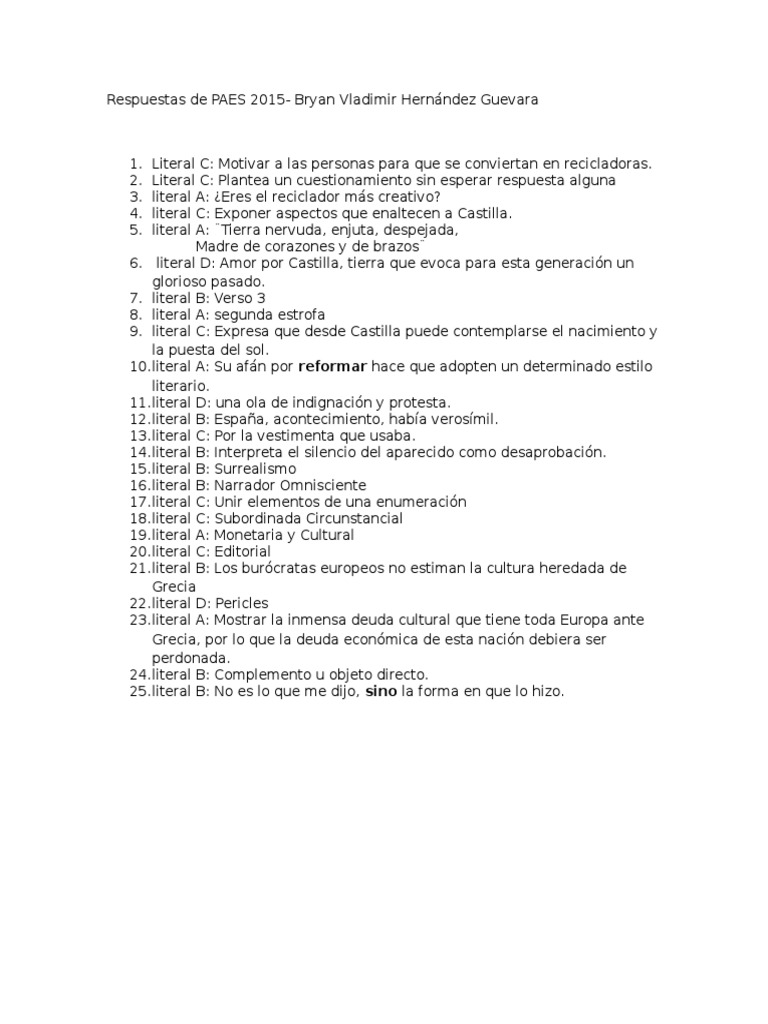 Respuestas De Paes 2015 De Lenguaje Pdf