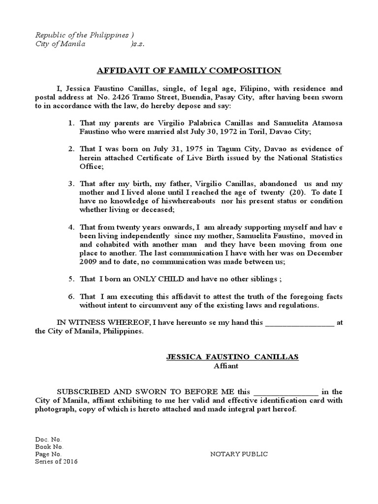 Affidavit of Family Composition | Affidavit | Public Law
