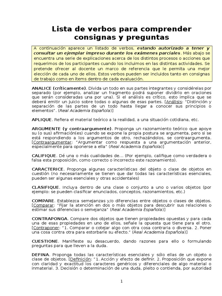 Lista de Verbos para Comprender Consignas y Preguntas | PDF ...
