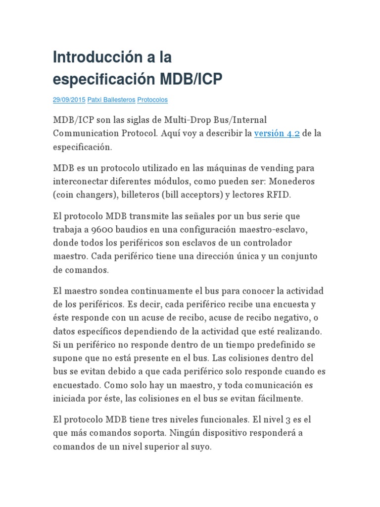 Especificación del Protocolo MDB/ICP | PDF | Poco | Periférico