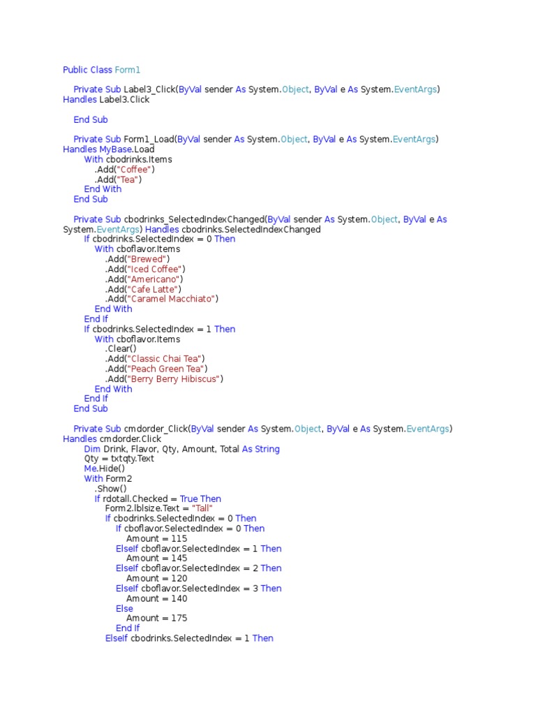 Form1 Object Eventargs: "Coffee" "Tea" | PDF