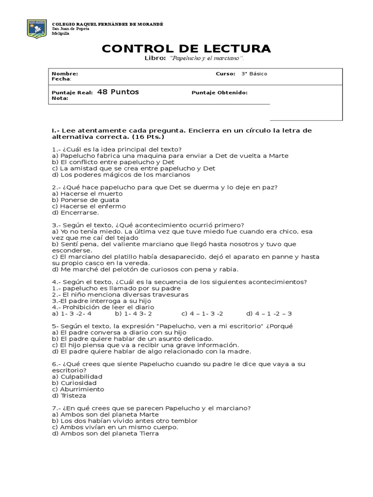 Prueba Papelucho y El Marciano