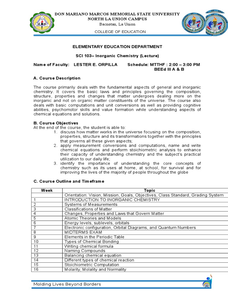 Inorganic Chemistry Course Outline | PDF | Inorganic Chemistry | Atomic ...