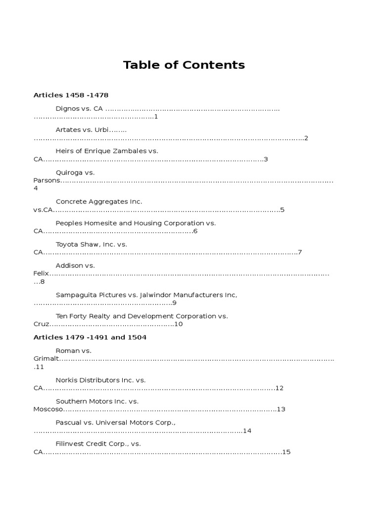Table of Contents and Case Digests on Sales, Lease, and Related ...
