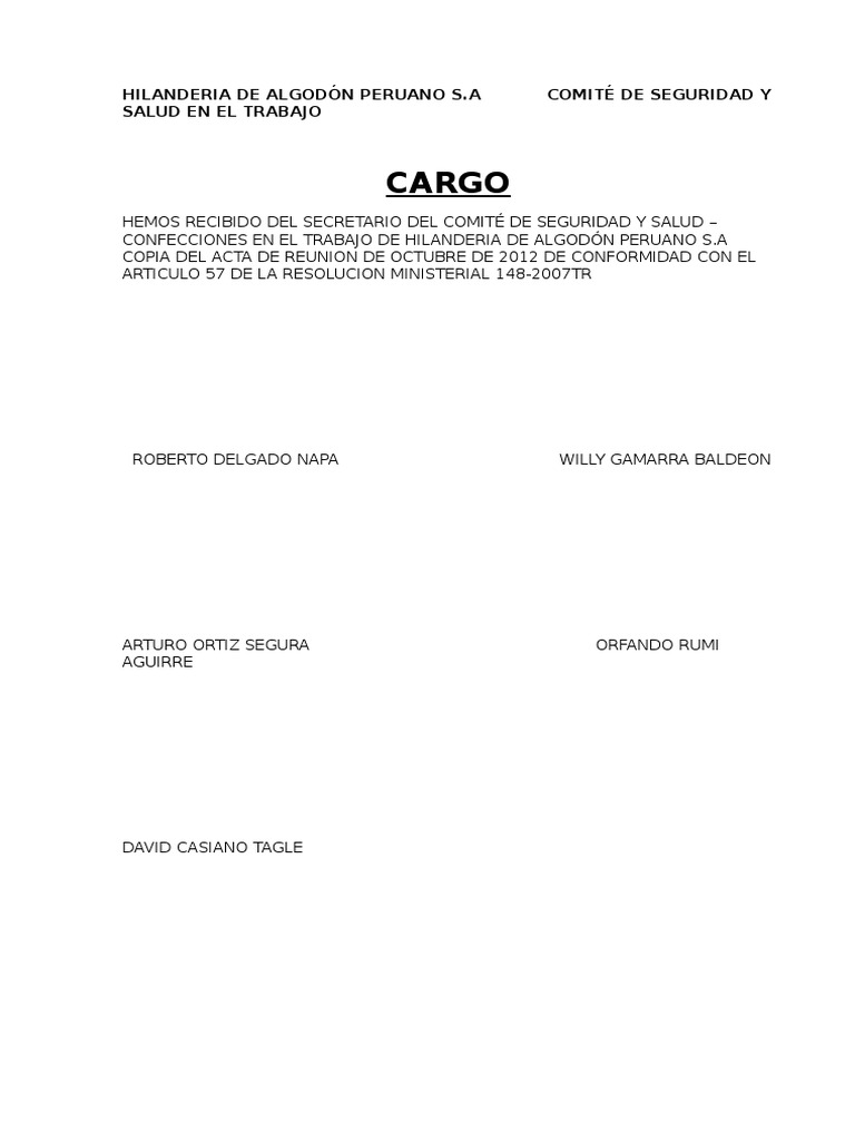Cargo Entrega Acta Confecciones Octubre | PDF