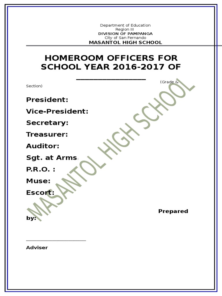 Homeroom Officers For SCHOOL YEAR 2016-2017 OF | PDF