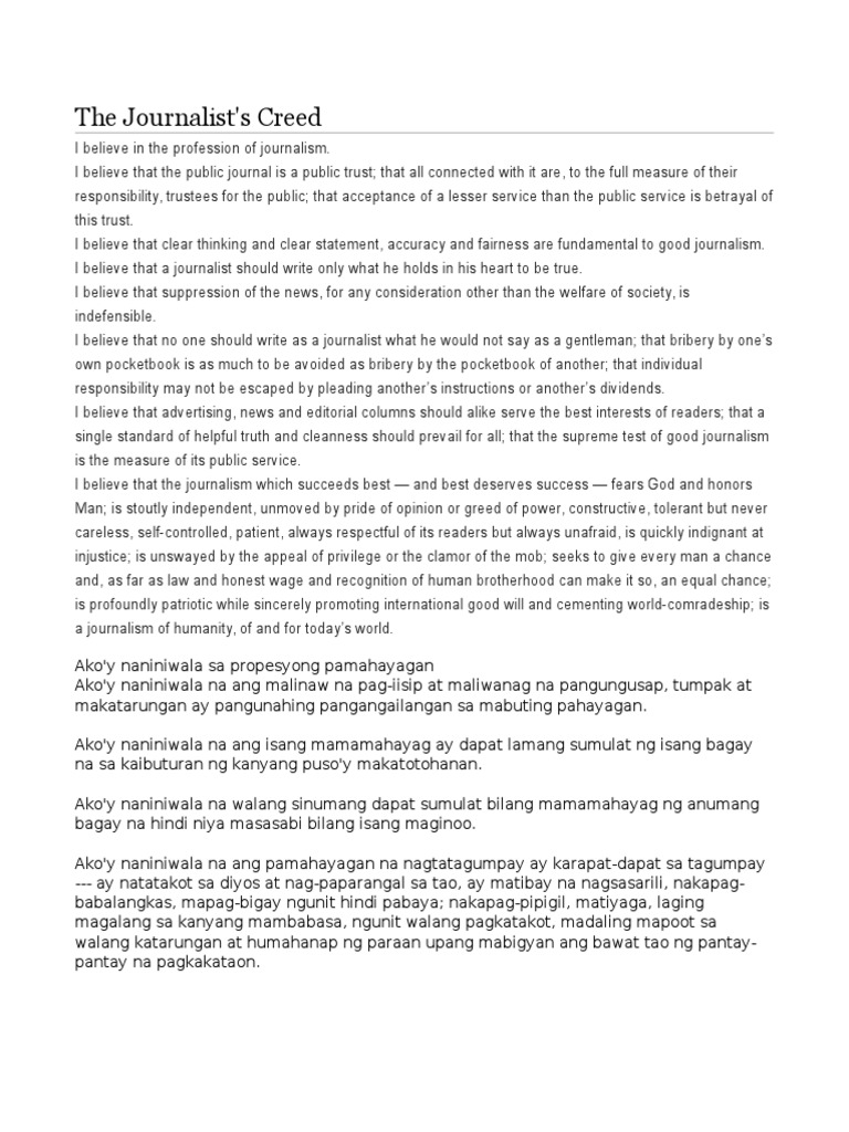 The Journalist Creed | Journalism | Social Institutions