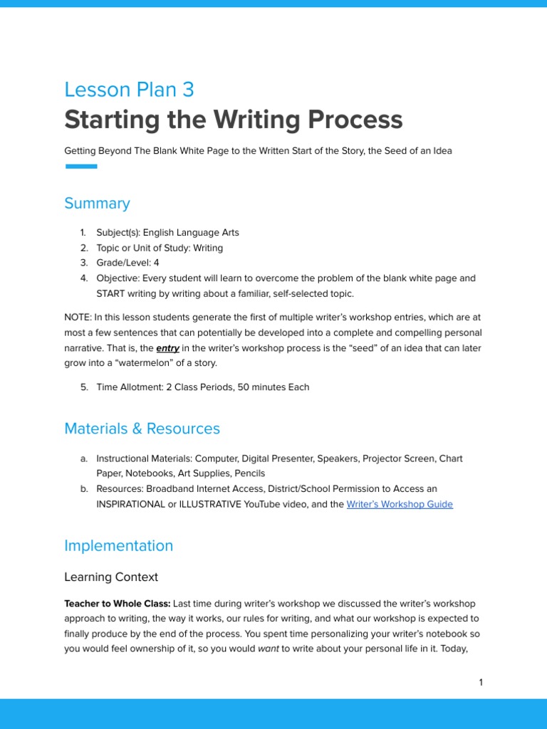 Starting The Writing Process: Lesson Plan 3 | PDF | Lesson Plan | Cognition