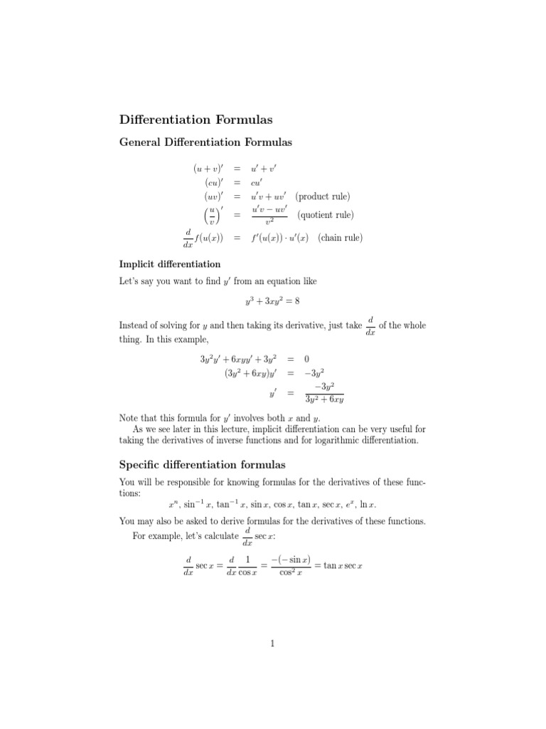 Differentiation Formula | PDF