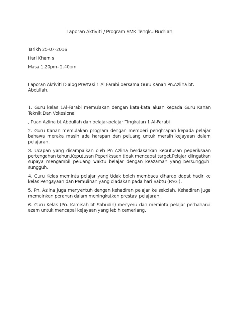 Laporan Aktiviti Dialog Prestasi Tingkatan 1 Alfarabi | PDF