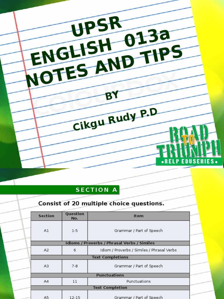 Upsr Engl Ish 0 13a Note S and Tips: BY Cikgu Rudy P.D | PDF ...