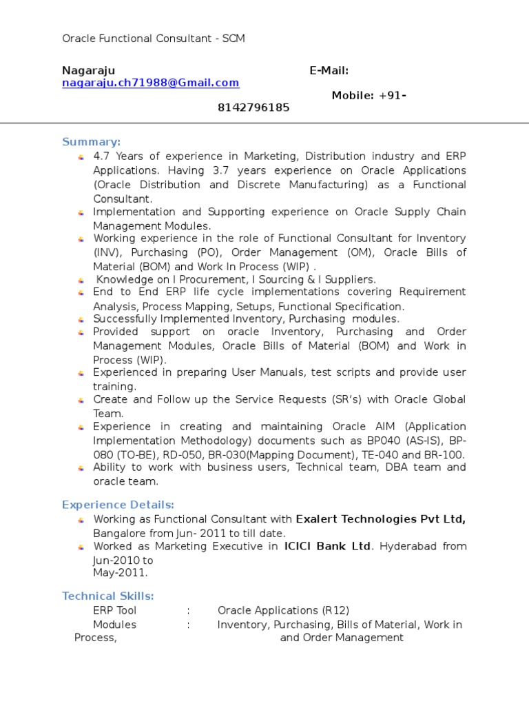 Oracle Functional Consultant Resume: Detailed Experience and Skills in ...