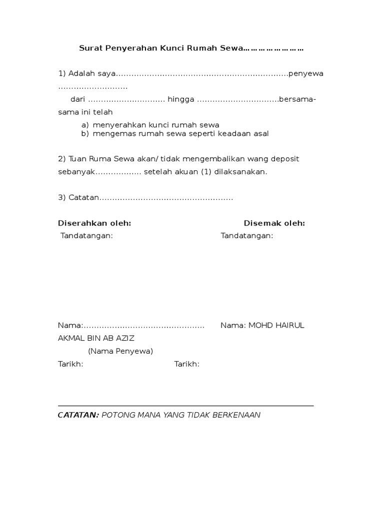 Surat Penyerahan Kunci Rumah Sewa | PDF | Hukum