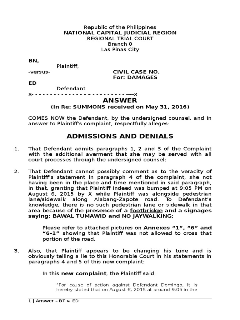 Sample - Damages - ANSWER | PDF | Pleading | Complaint