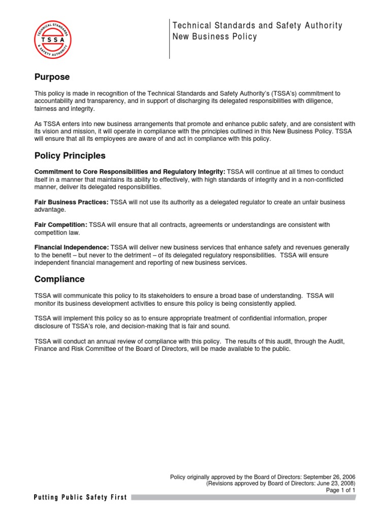Technical Standards and Safety Authority New Business Policy | PDF