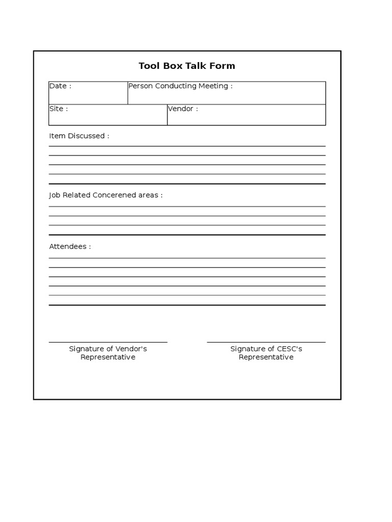 Tool Box Talk Form: Date: Person Conducting Meeting: Site: Vendor | PDF