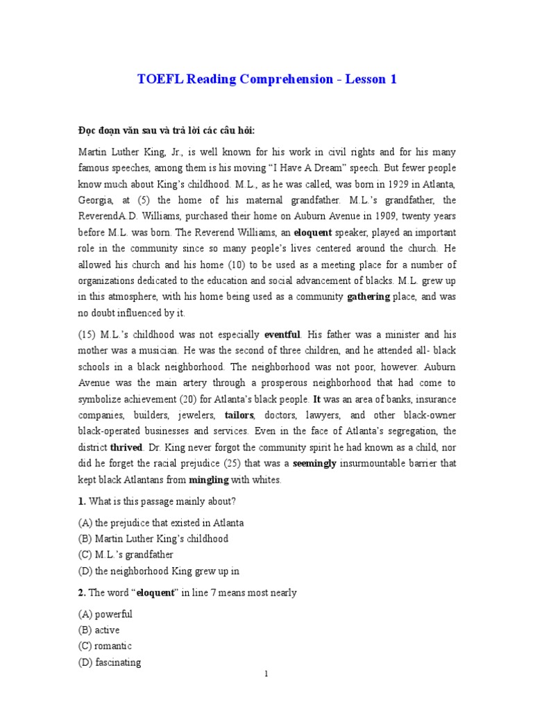 TOEFL Reading Comprehension Lesson 1 | Download Free PDF | Martin ...