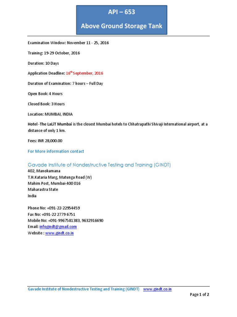 API 653 Above Ground Storage Tank Inspector | PDF