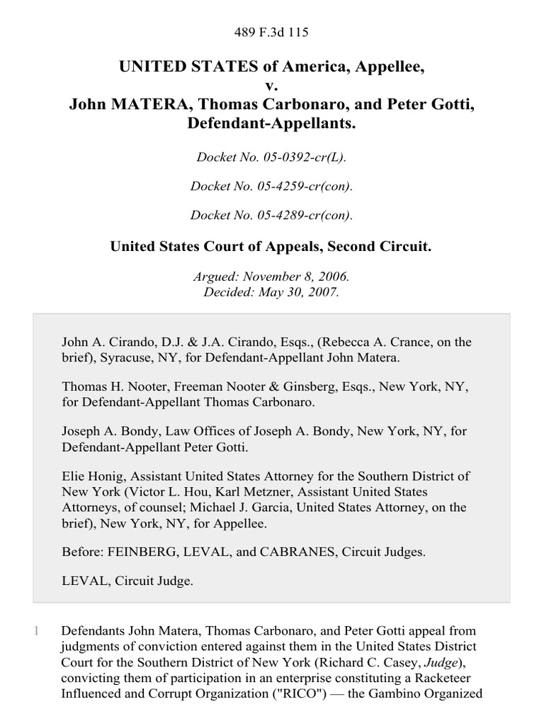 United States v. John Matera, Thomas Carbonaro, and Peter Gotti, 489 F ...